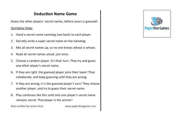 Deduction Name Game – A New Look – Paper Dice Games
